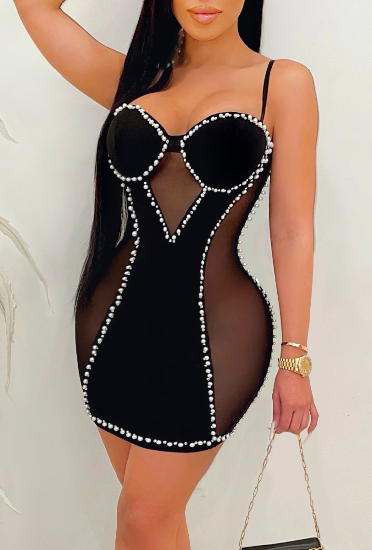Wholesale Summer Black Patch Sexy Beaded Strap Mini Bodycon Dress