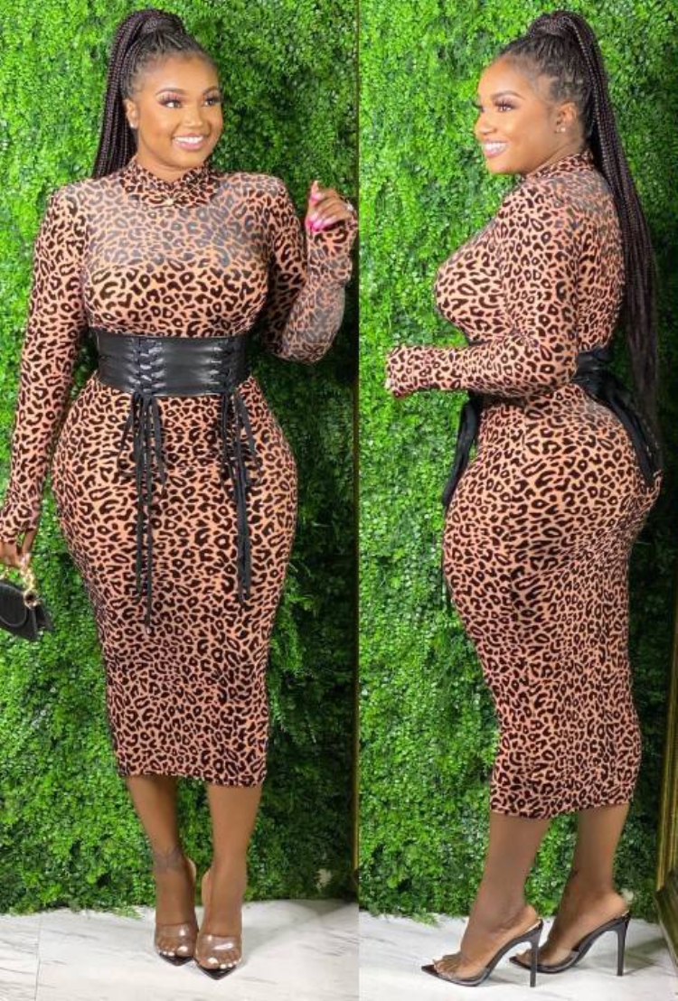 Wholesale Fall Sexy Leopard Print Long Sleeve Midi Dress Without Belt