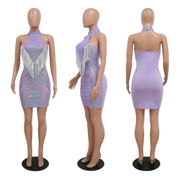 Wholesale Sequin Halter Neck Tassel A Line Bodycon Dress Nightclub High