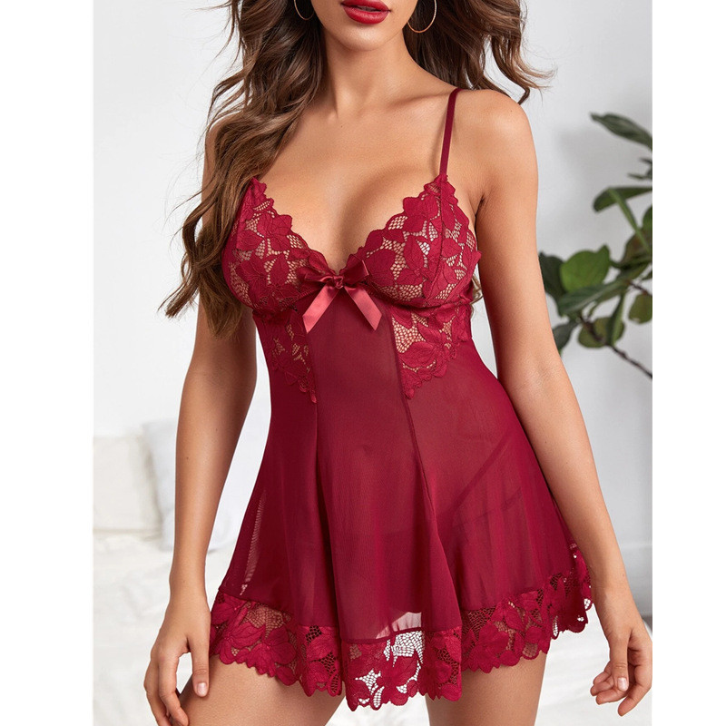Wholesale Lace Slip Dress Burgunry Cutout Slim Fit Sexy Chic Nightdress Loungewear Womens