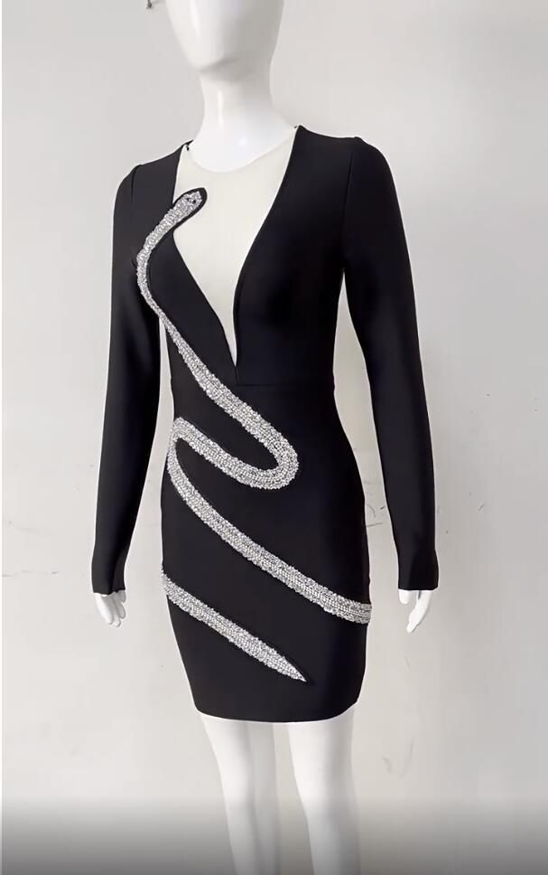 Wholesale Women Sexy V Neck Long Sleeve Beaded Mini Dress Global Lover