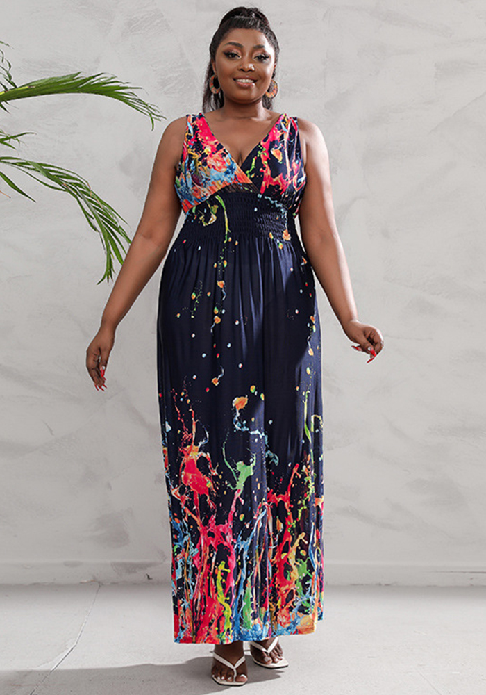 Wholesale Plus Size Dress Low Back Deep V Neck Retro Paisley Plus Size ...