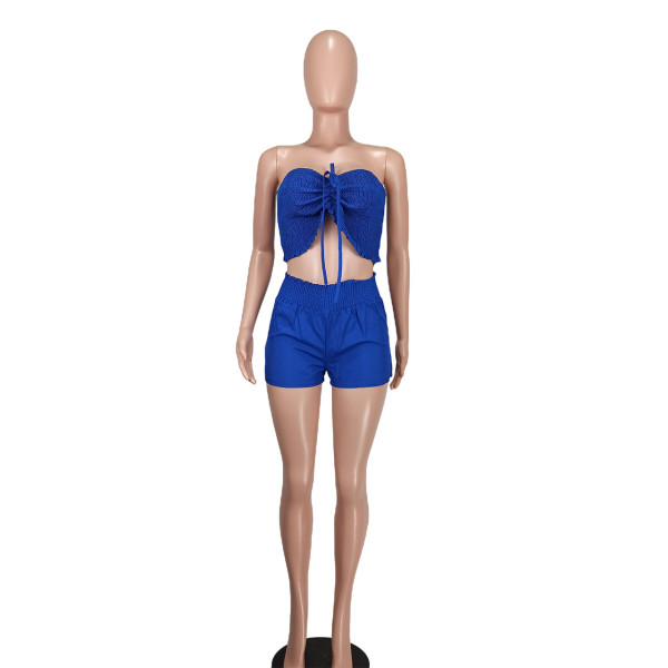 Wholesale Women Sexy Off Shoulder Drawstring Crop Top And Shorts Two