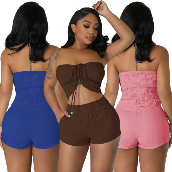 Wholesale Women Sexy Off Shoulder Drawstring Crop Top And Shorts Two
