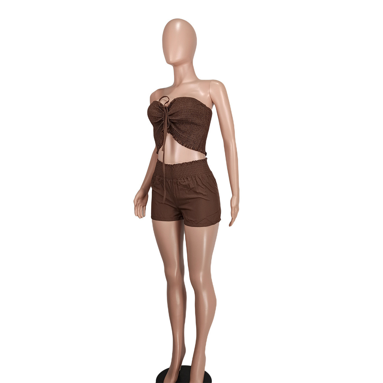 Wholesale Women Sexy Off Shoulder Drawstring Crop Top And Shorts Two