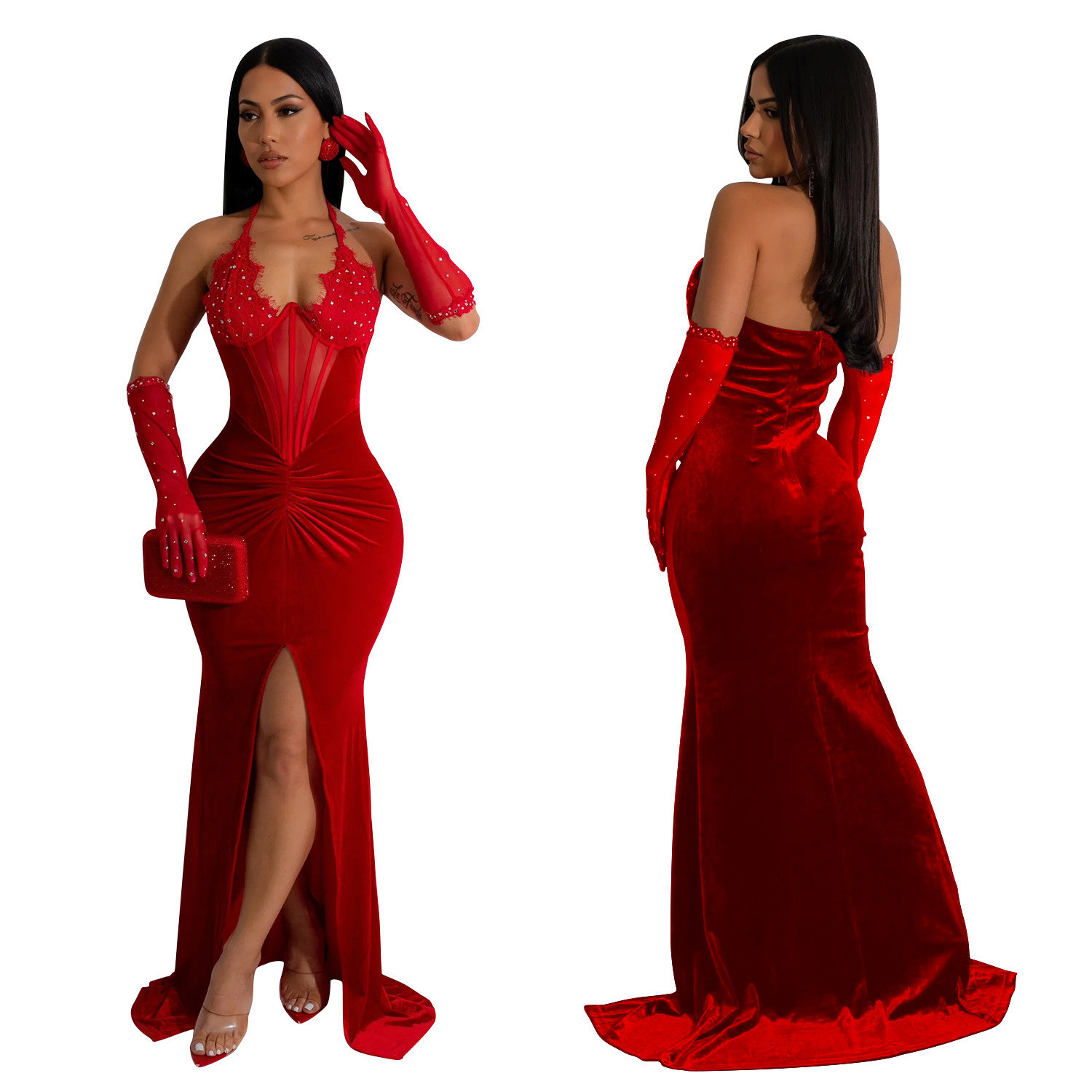 Wholesale Fashion Womens Solid Color Halter Neck Slit Sexy Long Dress Global Lover