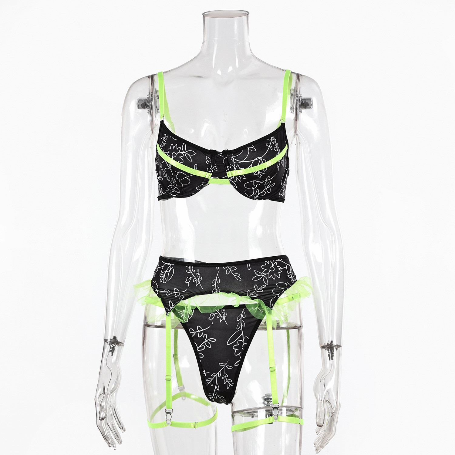 Wholesale Print Contrast Color Lace Low Back Hollow Sexy Three Piece