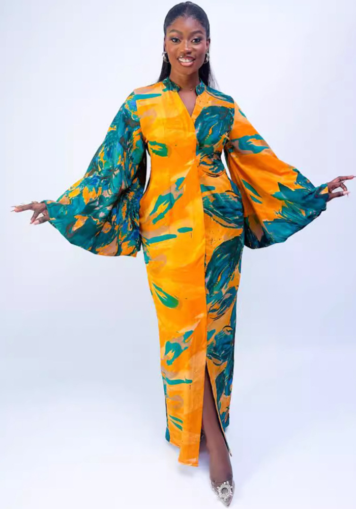 Wholesale Printing Bell Bottom Sleeve V-Neck Slim Waist Long Dress ...
