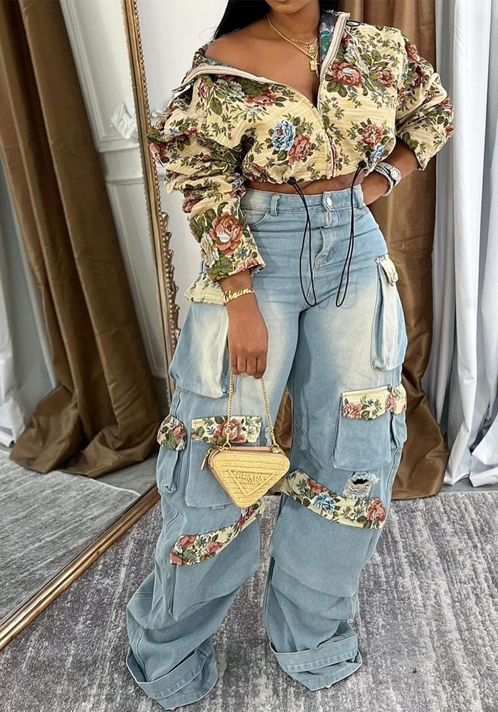 Wholesale Women autumn flowers jacket and denim cargo pant two piece ...
