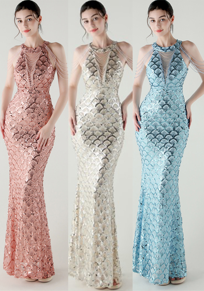 Wholesale Elegant Chain-Decorated Fishtail Sequin Evening Dress for Formal Ceremonies | Global Lover