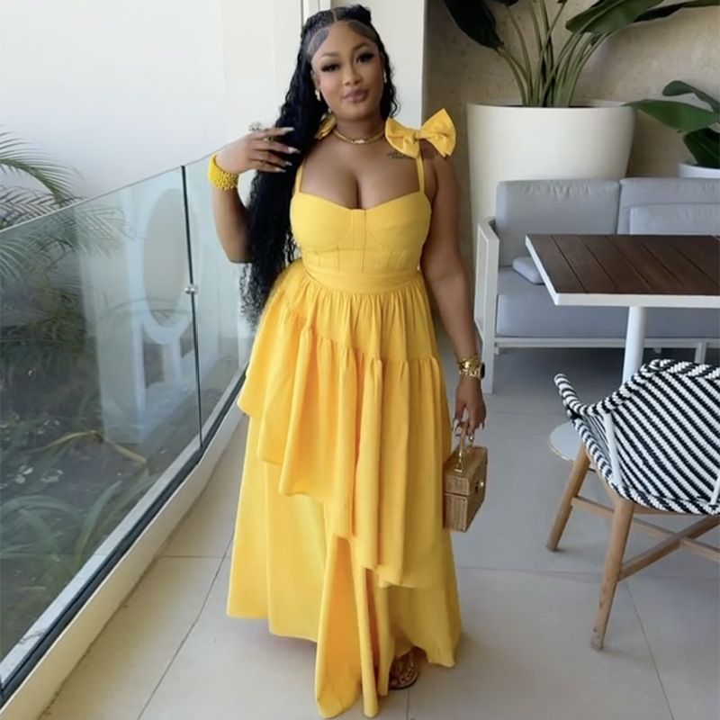 Wholesale Women spring bow suspender v-neck ruffle dress | Global Lover