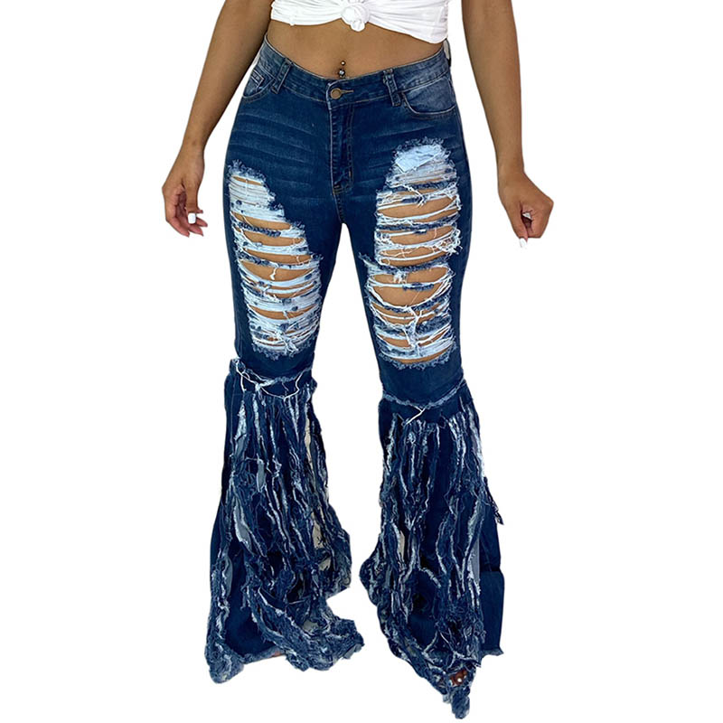 Fringed Hole Flared Denim Trousers