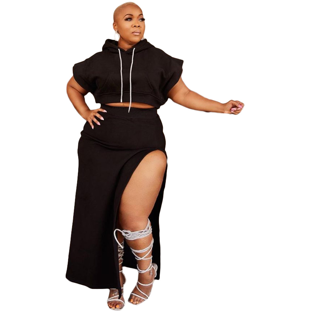 Black Plus Size S-5XL Size Short Sleeve Women's Sweatshirt Hoodie Split ...