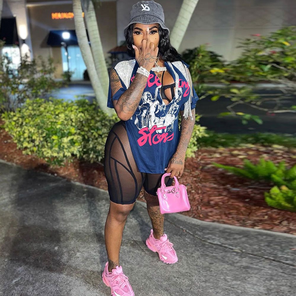 Casual Dark Blue Hip Hop Printed Slit Fringe Short Sleeve T-shirt