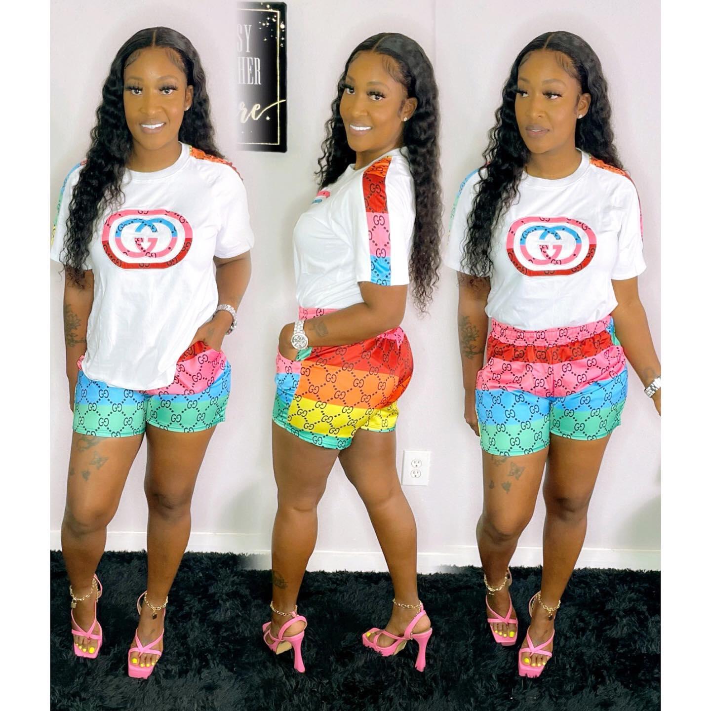 Casual Digital Print Short Sleeve Shorts Set