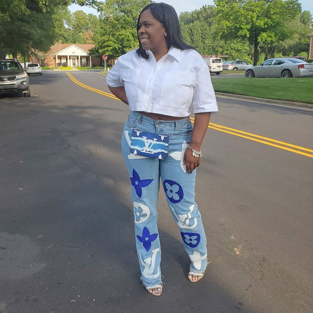 Casual Offset Printing Denim Trousers High Waist Blue Washed Jeans