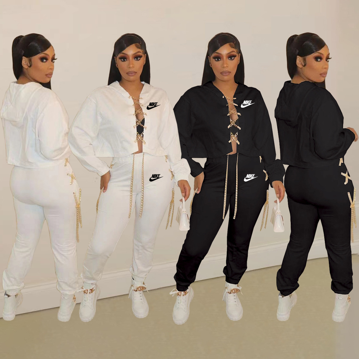 Solid Full Sleeve Lace Up Casual Active Sweatsuit Tracksuit Two Piece ...