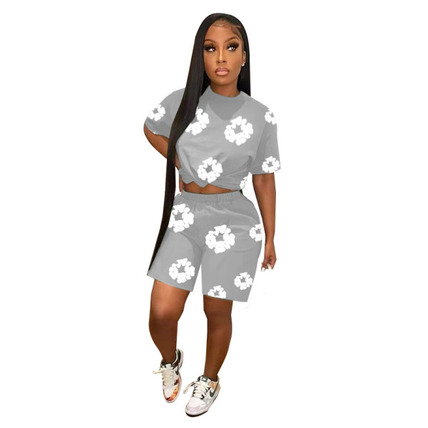 Casual Round Neck Short Sleeve Digital Print Short Set